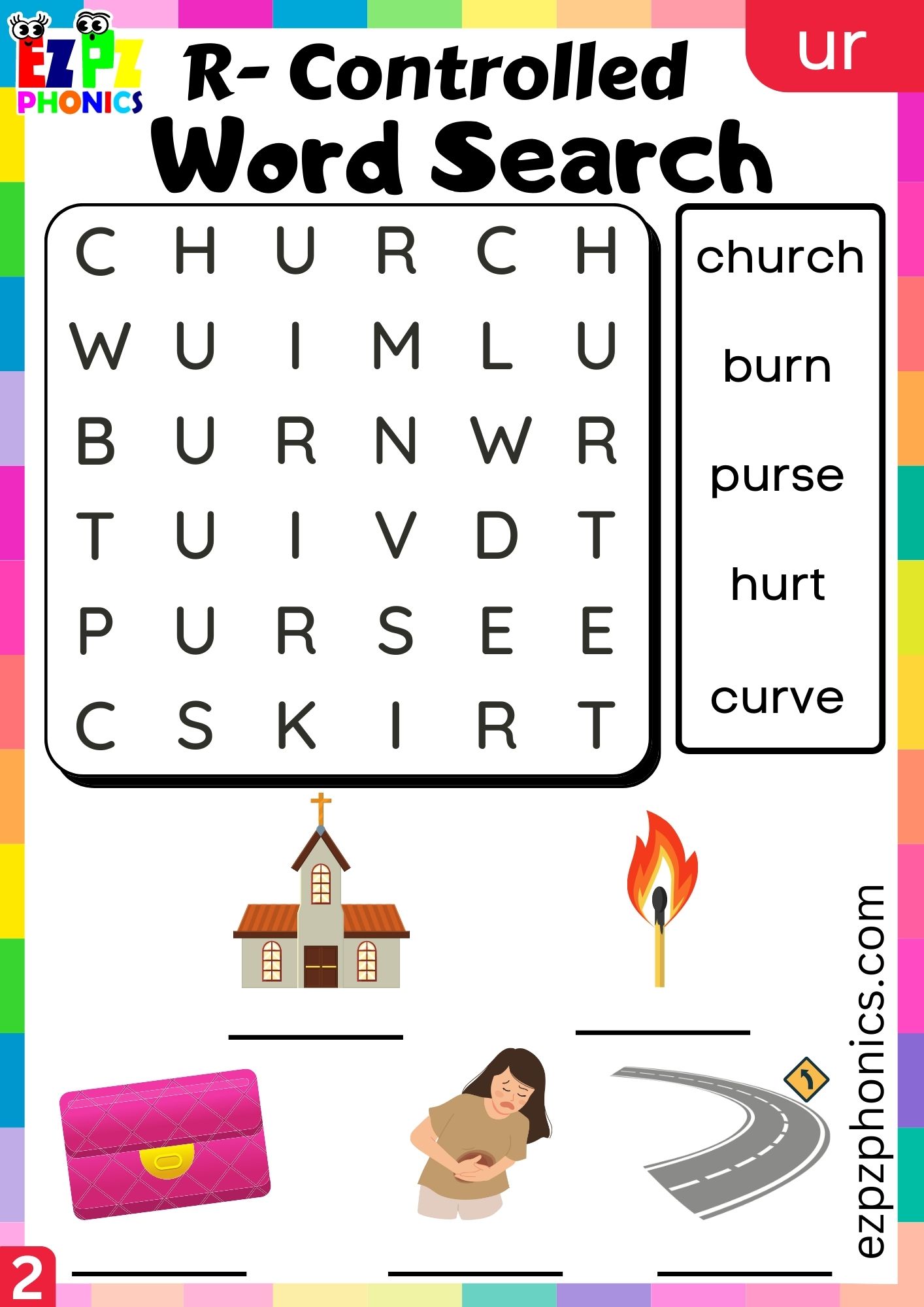 Word search activity for ur words R Controlled Vowels group 2 - ezpzphonics.com